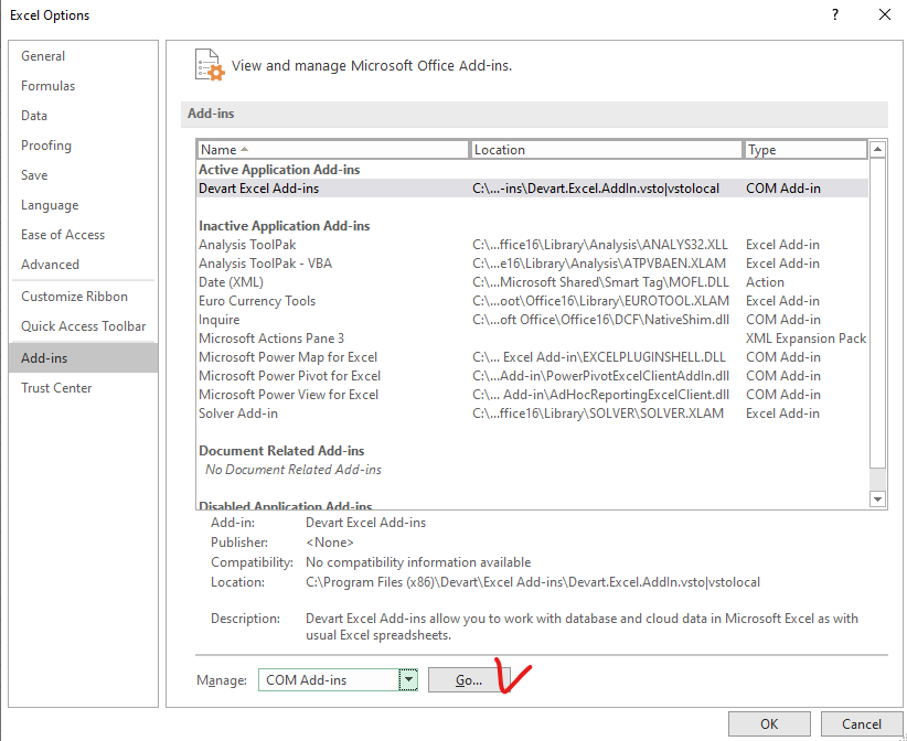 Devart tab disappears in Microsoft Excel Devart tab disappears in Microsoft Excel